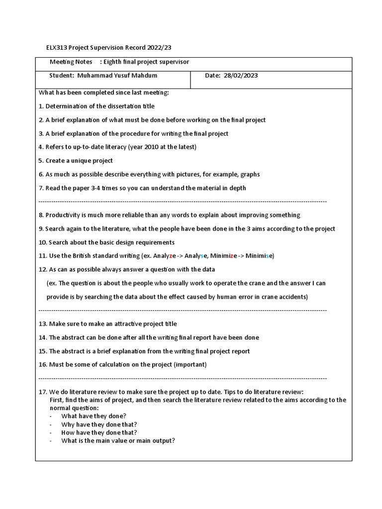 8 - ENX313 Project Supervision Record 28-02-2023 | PDF | Methodology ...