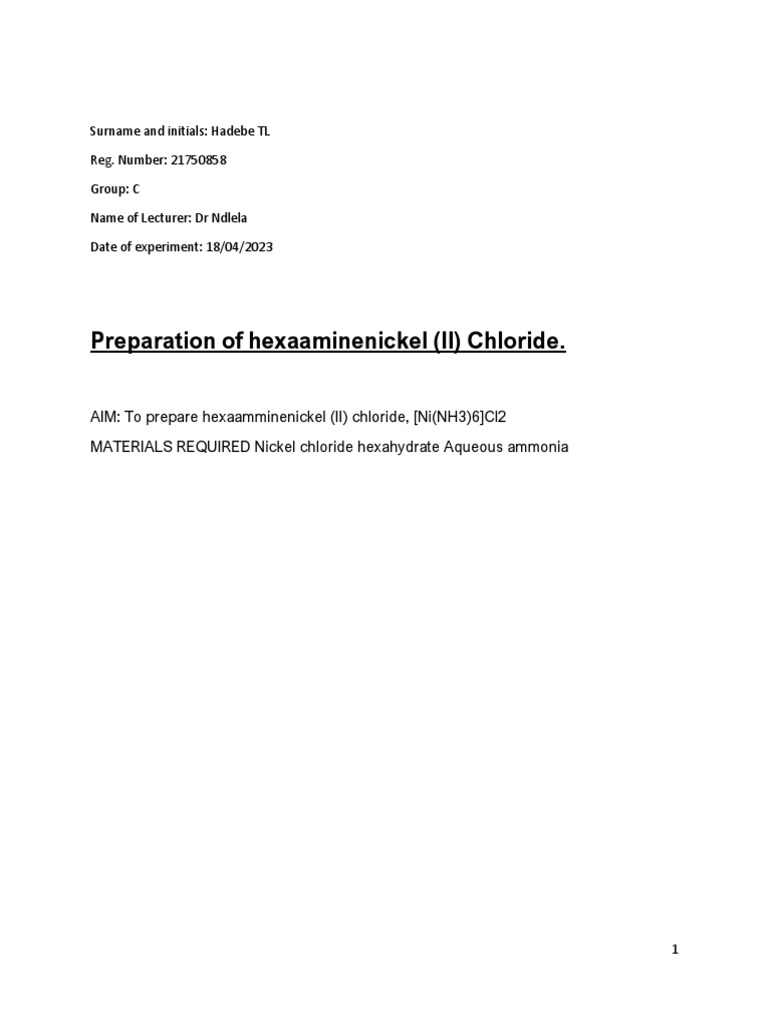 Preparation of Hexaamminenickel(II) Chloride | PDF