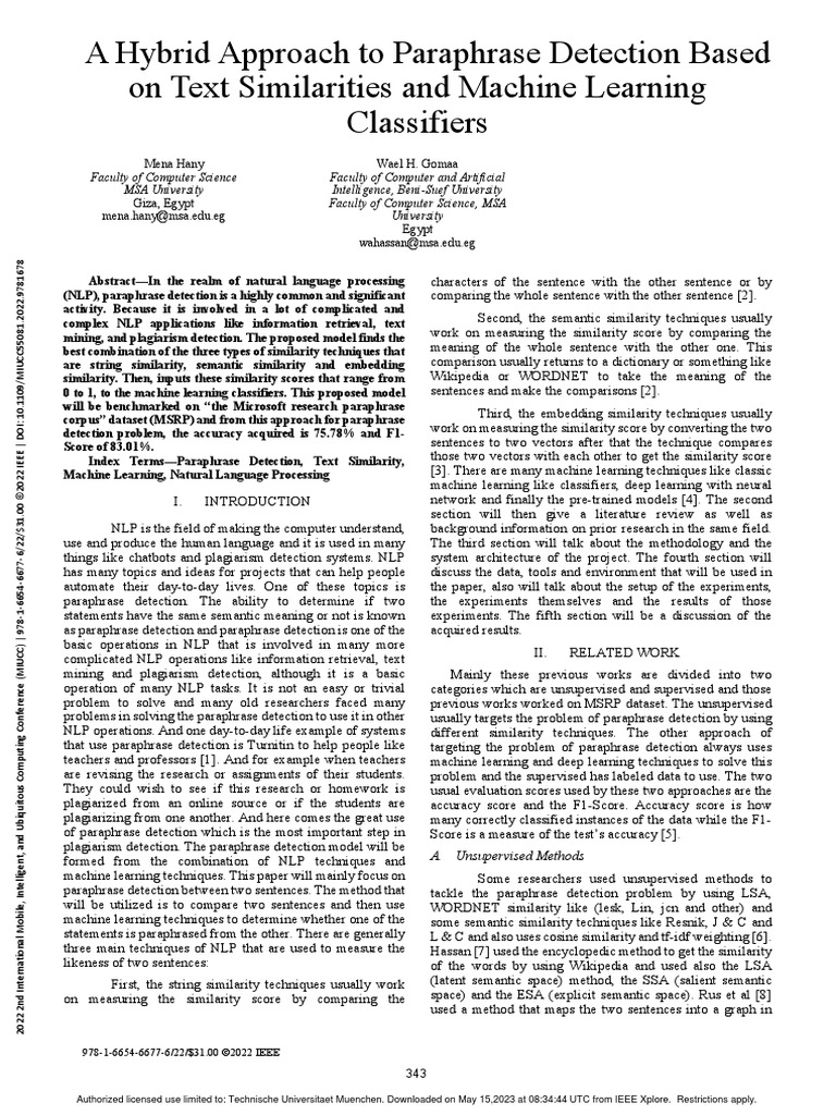 A Hybrid Approach To Paraphrase Detection Based On Text Similarities ...