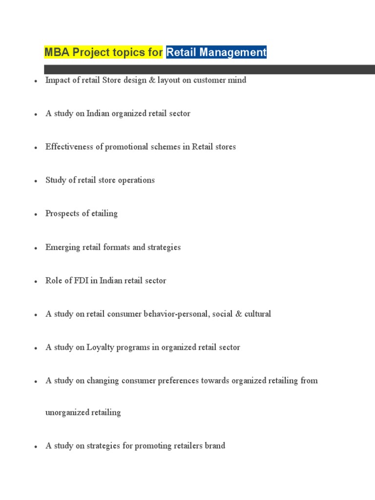 MBA Project Topics in Retail Management | PDF