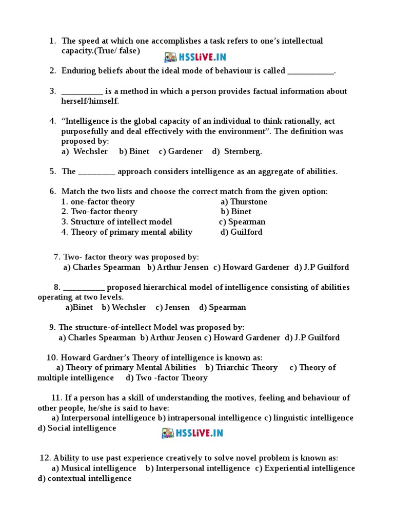 Hsslive Intelligence Objective Type Question Pdf