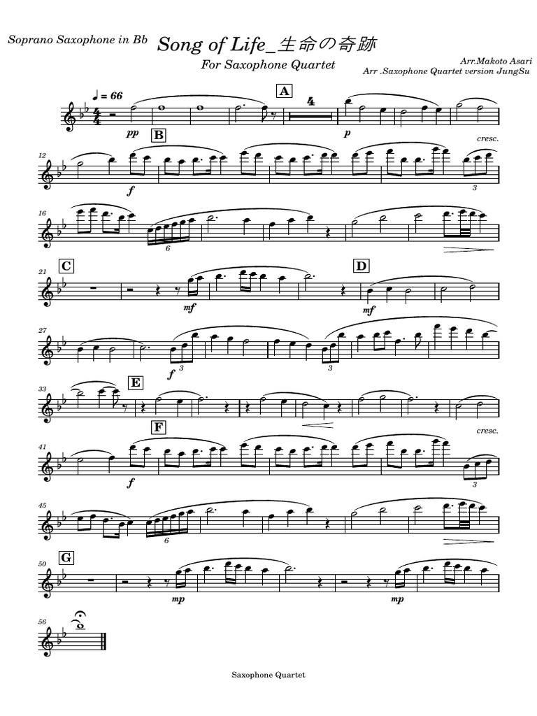 Song of Life For Saxophone Quartet - Soprano Sax | PDF