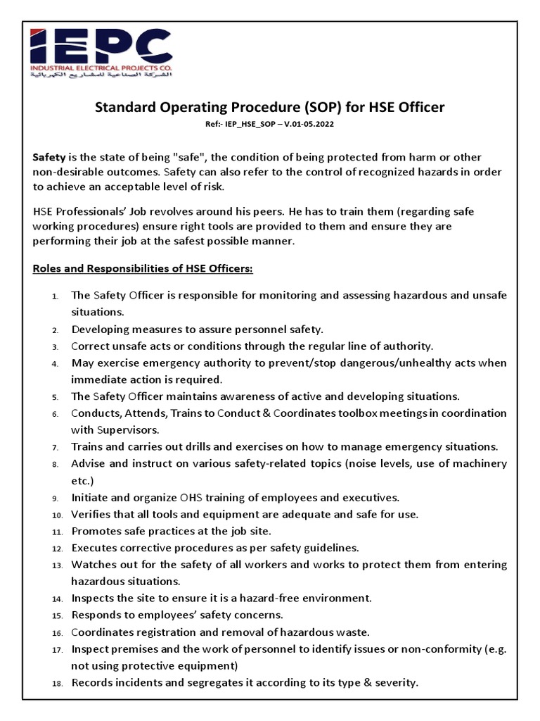 HSE SOP (Standard Operating Procedure For HSE Dept) - IEP - HSE - SOP ...