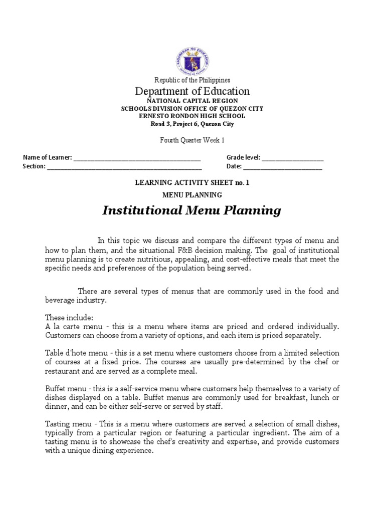 Menu Planning for Students | PDF