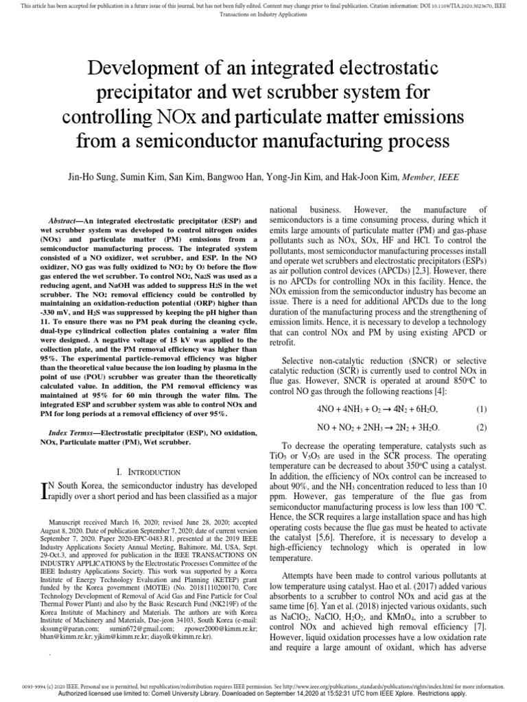 Development of an Integrated Electrostatic Precipitator and Wet ...