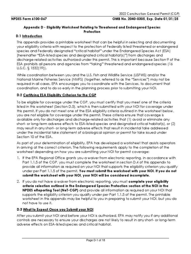 EPA - Construction General Permit - Appendix D | PDF | Endangered ...