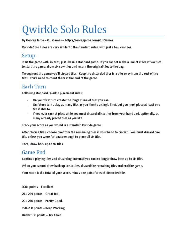 Qwirkle Solo Rules - GJJ Games | PDF
