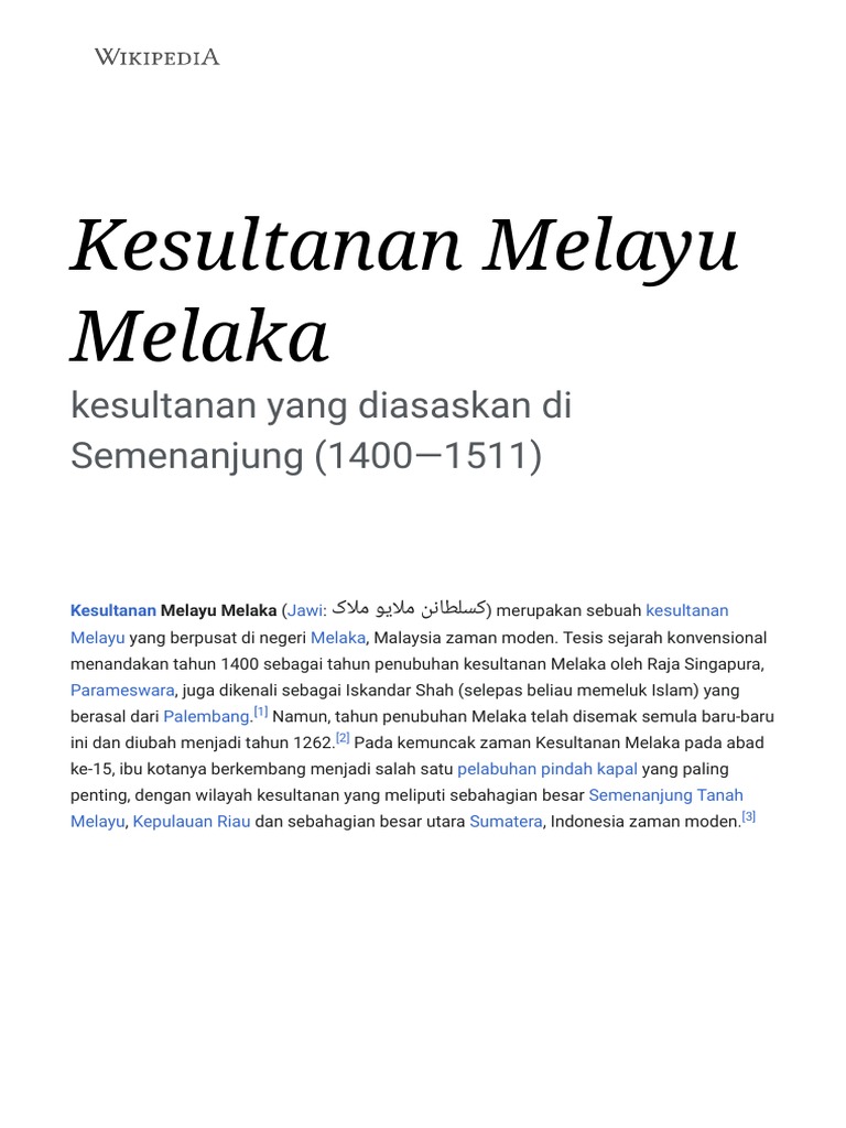 Kesultanan Melayu Melaka - Wikipedia Bahasa Melayu, ensiklopedia bebas (2) | PDF