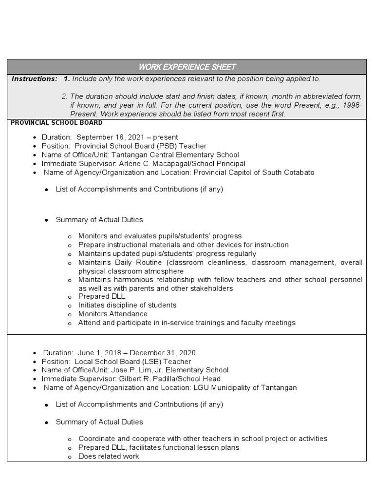 Cs Form No. 212 Attachment Work Experience Sheet | PDF