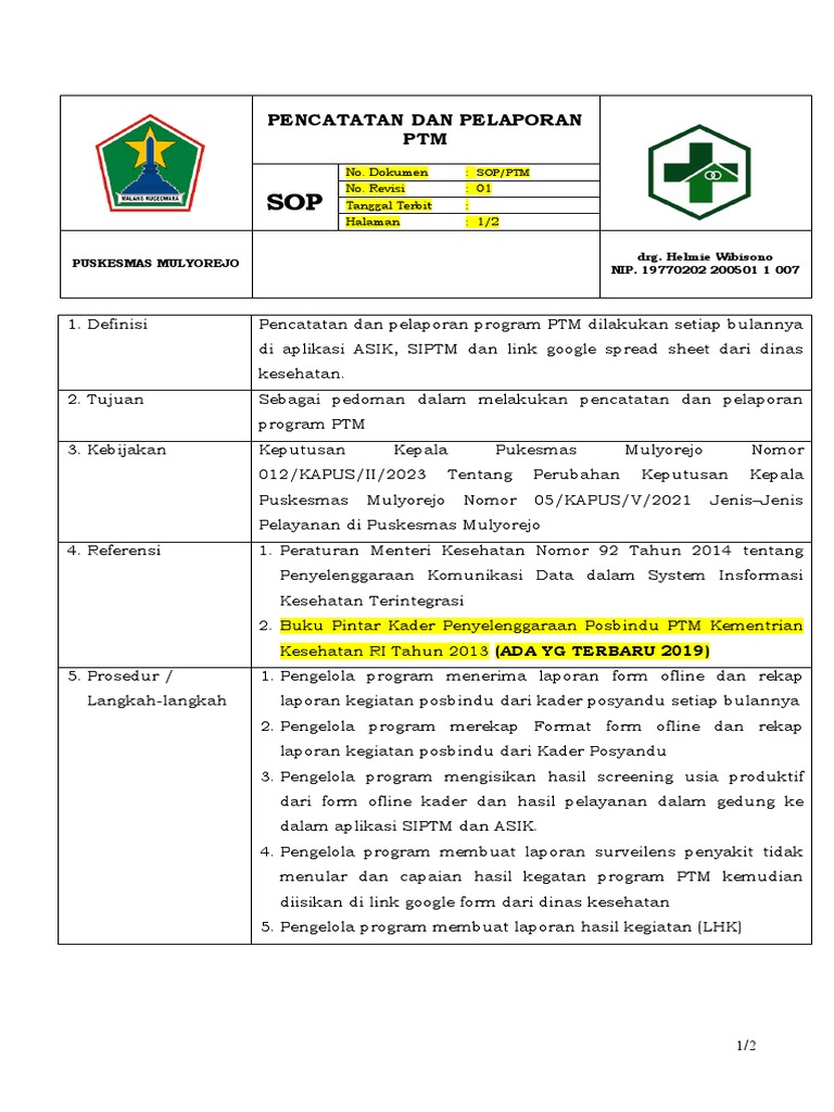 Sop Pencatatan Dan Pelaporan PTM Perlu Revisi | PDF