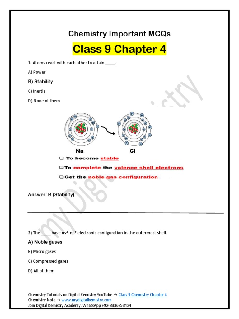 Chemistry Class 9 Chapter 4 Mcqs | PDF | Chemical Bond | Ion