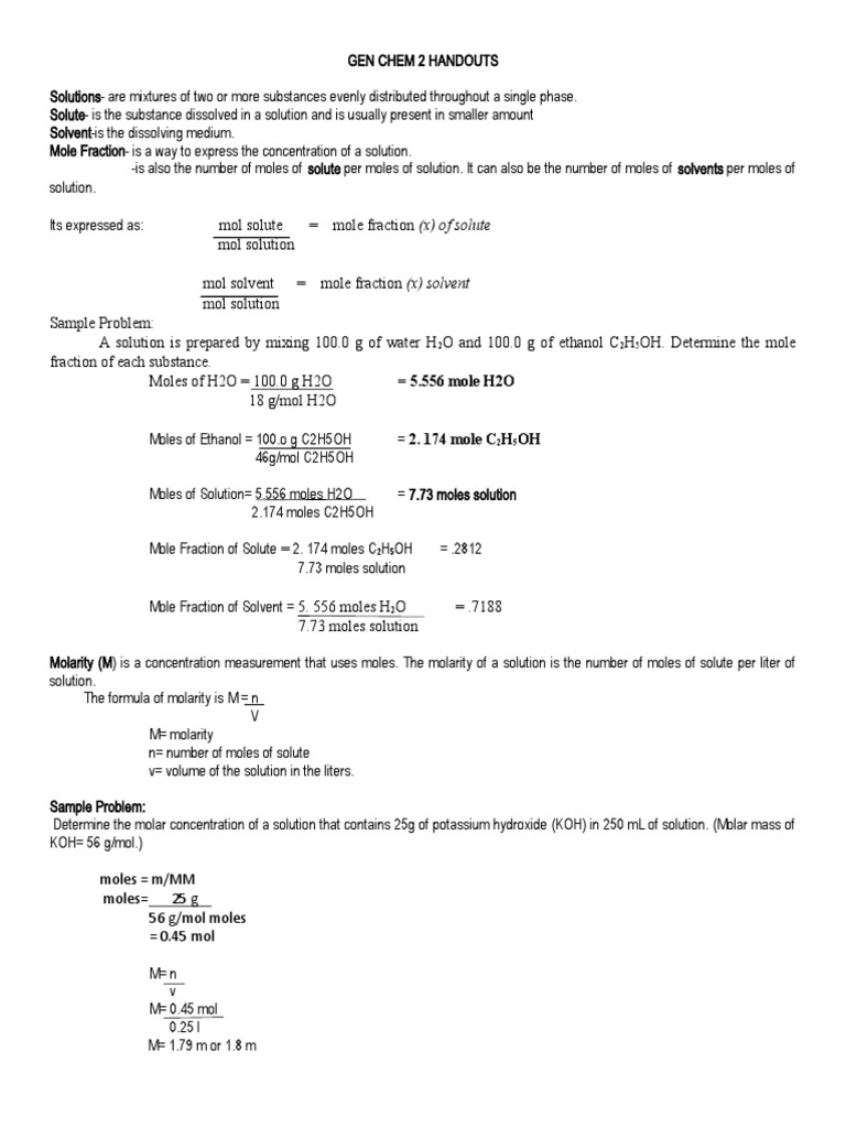 Gen Chem 2 Handouts | Download Free PDF | Mole (Unit) | Concentration