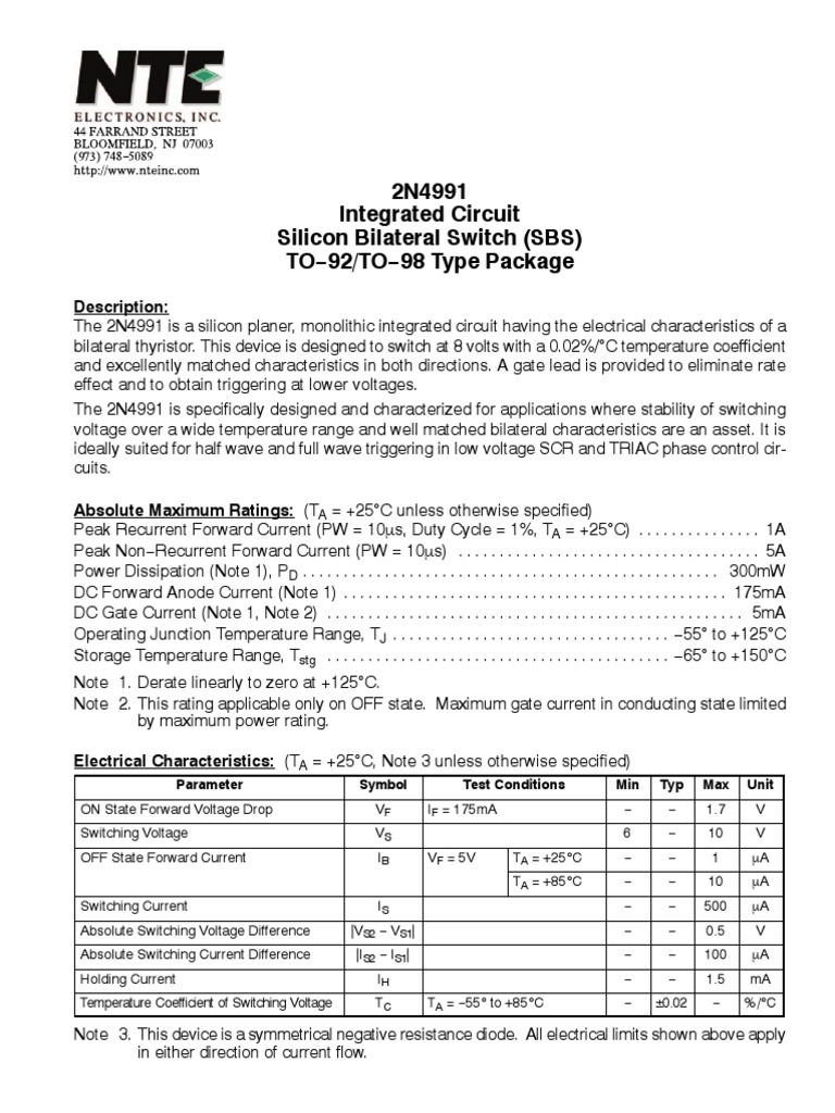 2N4991 Integrated Circuit Silicon Bilateral Switch (SBS) TO 92/TO 98 ...