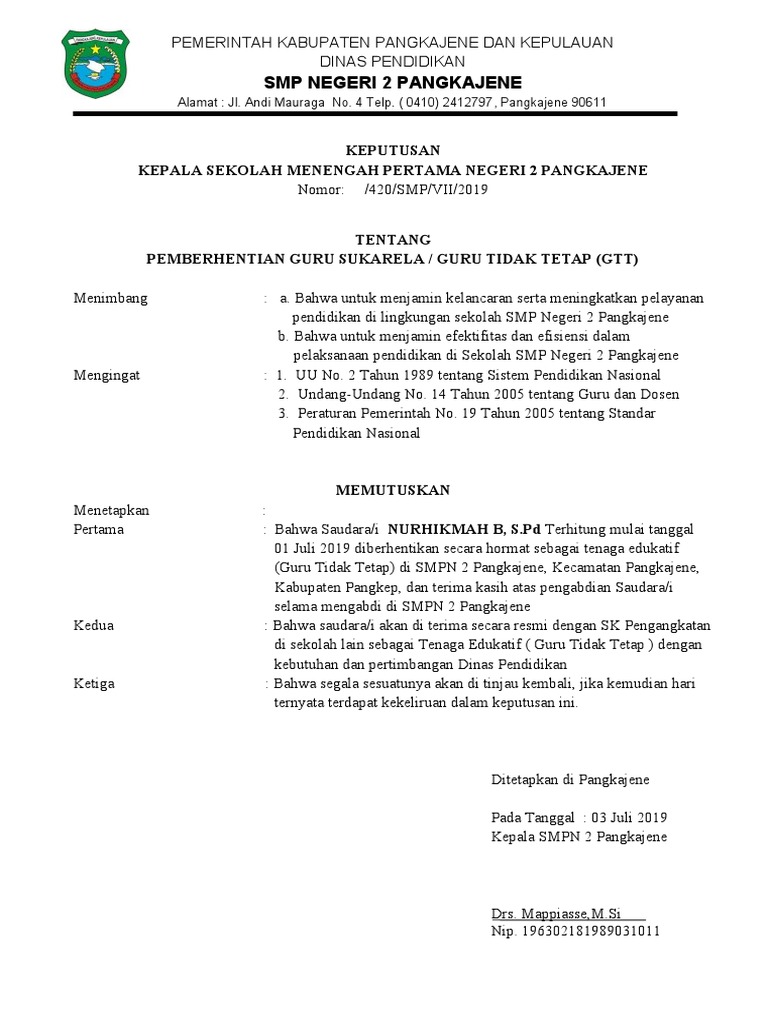 Contoh SK Pemberhentian | PDF