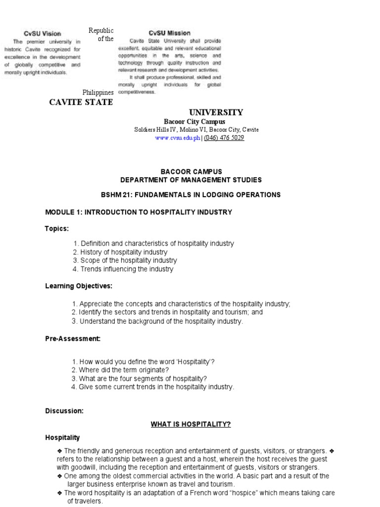 M1.Intro To Hospitality 1 | PDF | Hotel | Tourism