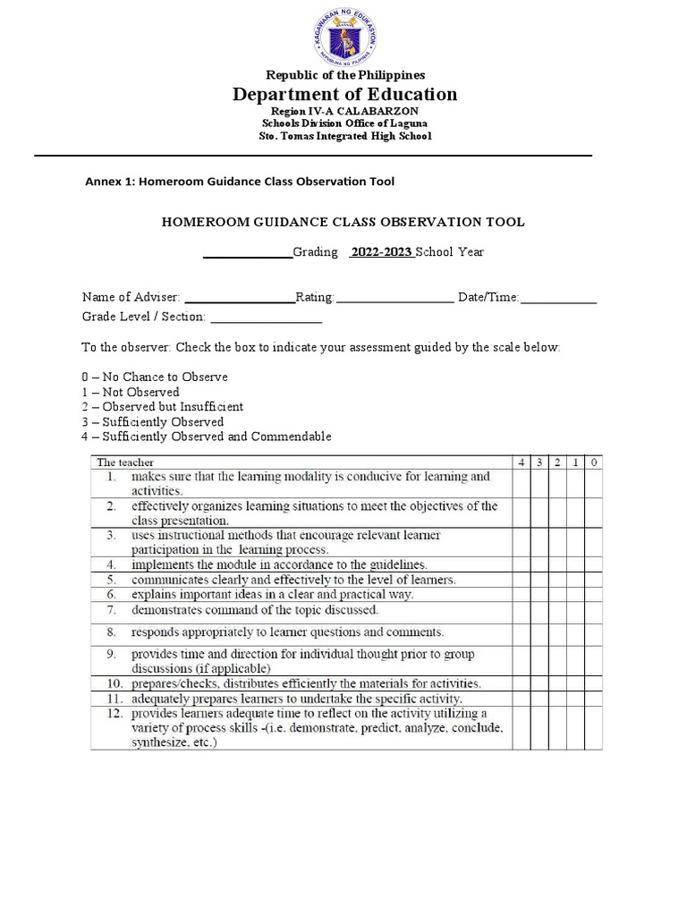 Homeroom Guidance Observation Tool | PDF
