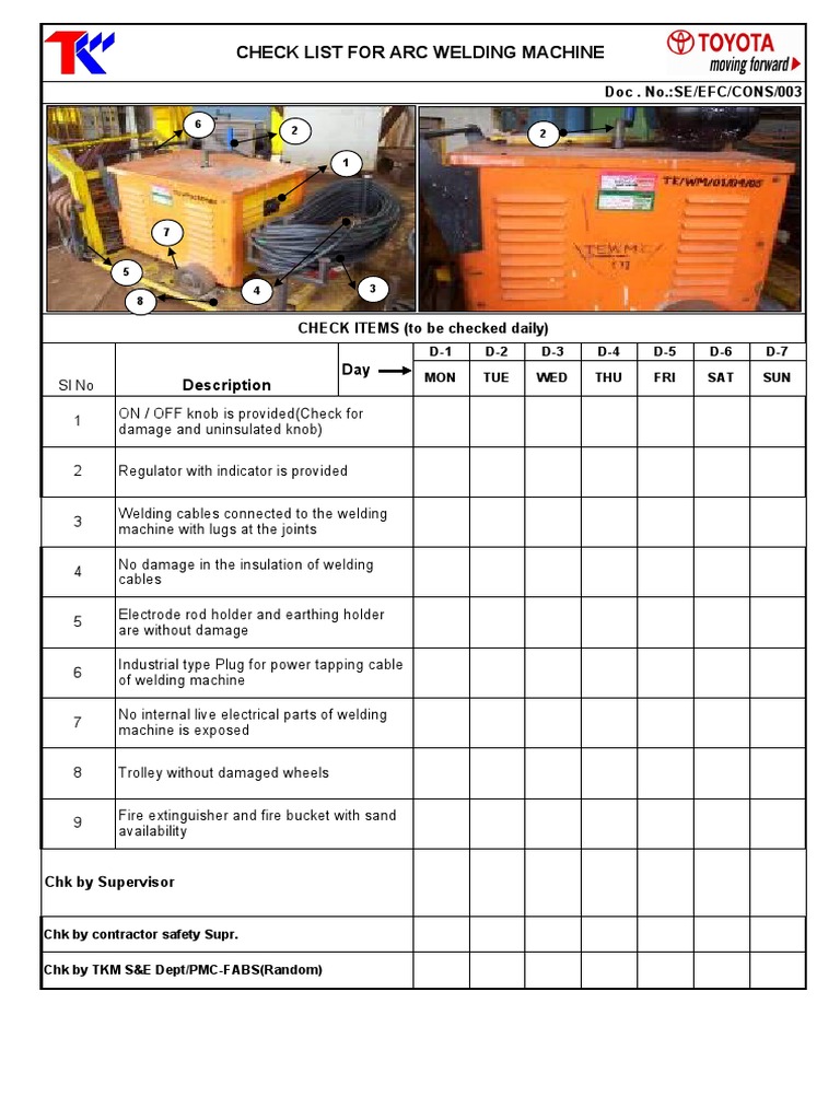 Arc Welding Machine Daily Checklist | PDF