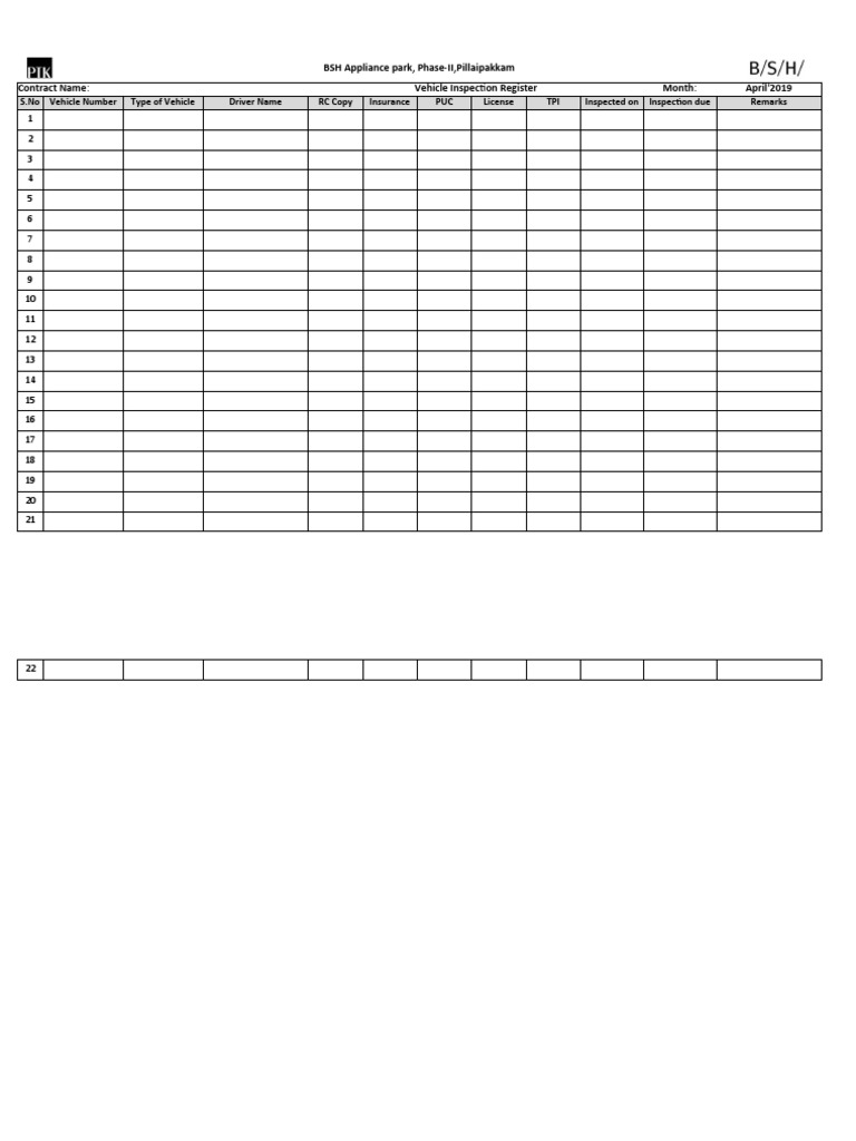 BSH Vehicle Inspection Register | PDF