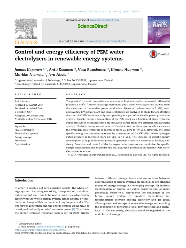 Control and Energy Efficiency of PEM Water Electrolyzers in Renewable ...