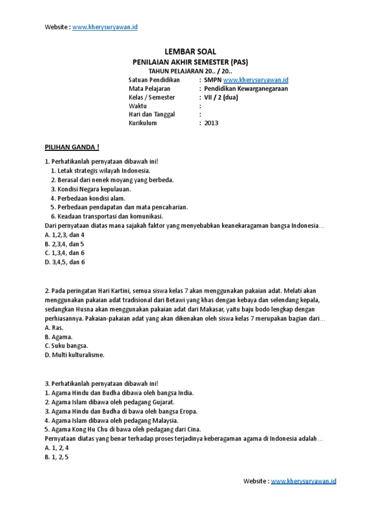 Lembar Soal PKN Kelas 7 Semester 2 - WWW - Kherysuryawan.id | PDF