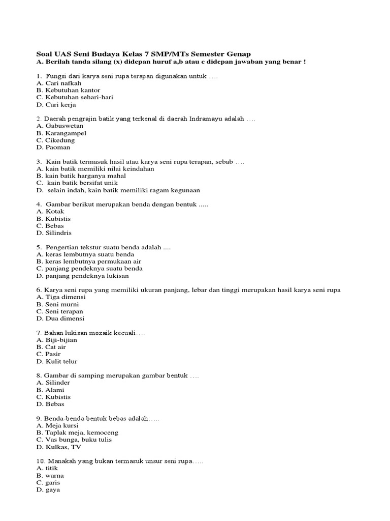 Soal UAS Seni Budaya Kelas 7 SMP MTs Semester Genap | PDF