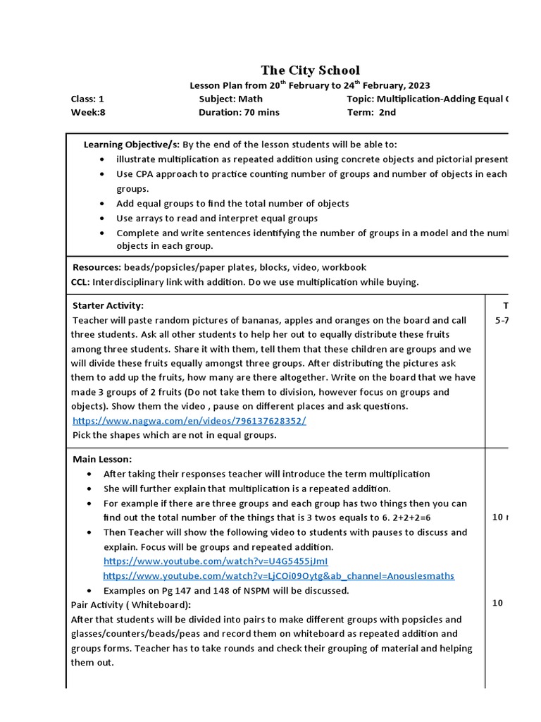 The City School Lesson Plan Sample | PDF | Numbers | Lesson Plan