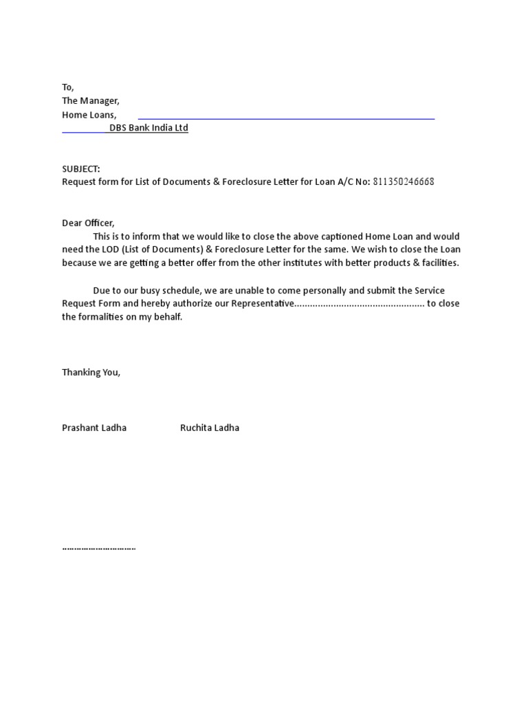 Authority Letter For Loan Closure | PDF
