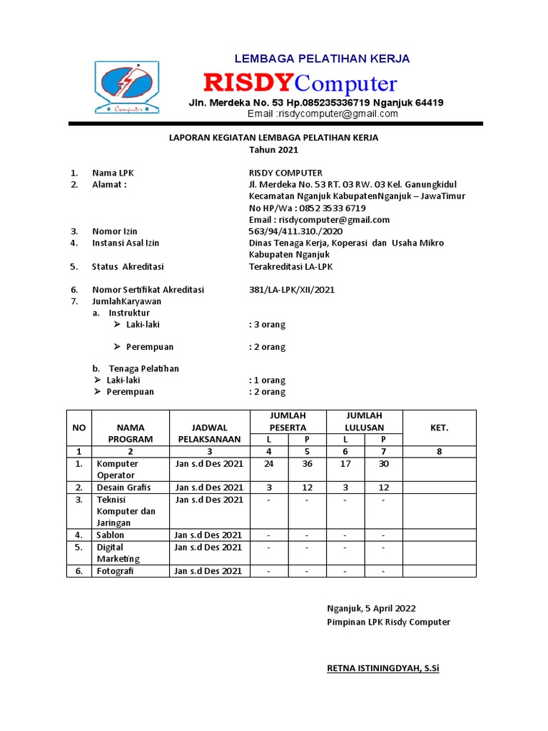 Laporan Kegiatan LPK Tahun 2022 | PDF