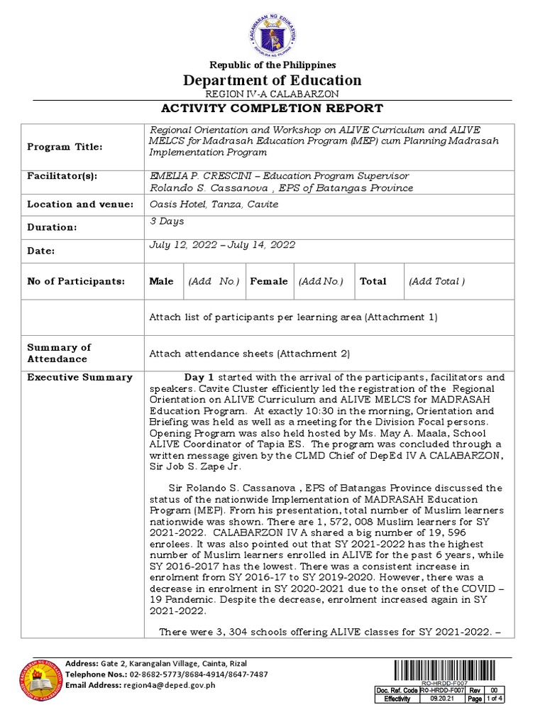 Activity Completion Report Madrasah | PDF