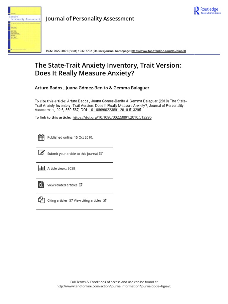 The State Trait Anxiety Inventory Trait Version Does It Really Measure ...
