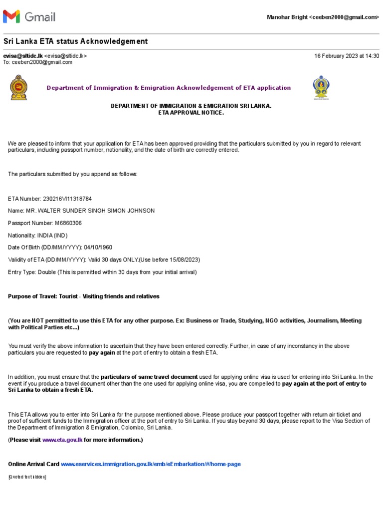 Sri Lanka ETA Status Acknowledgement MR Walter | PDF
