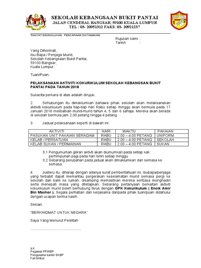 Surat Pemberitahuan Aktiviti Kokurikulum Di Sekolah Pdf