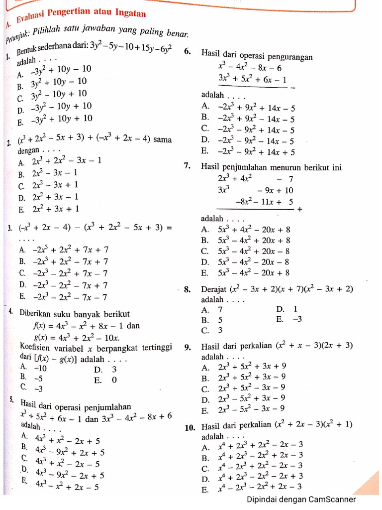 Latihan 7 (Operasi Aljabar PD Polinomial) | PDF