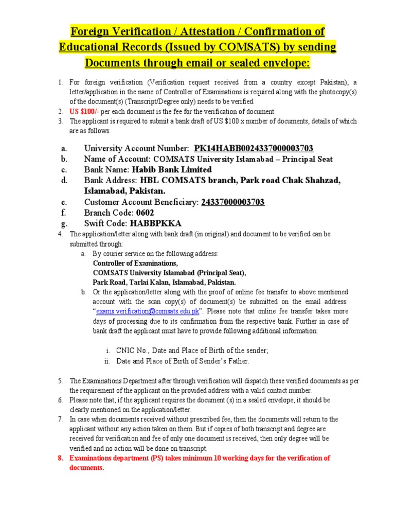 COMSATS Degree Verification Process | PDF