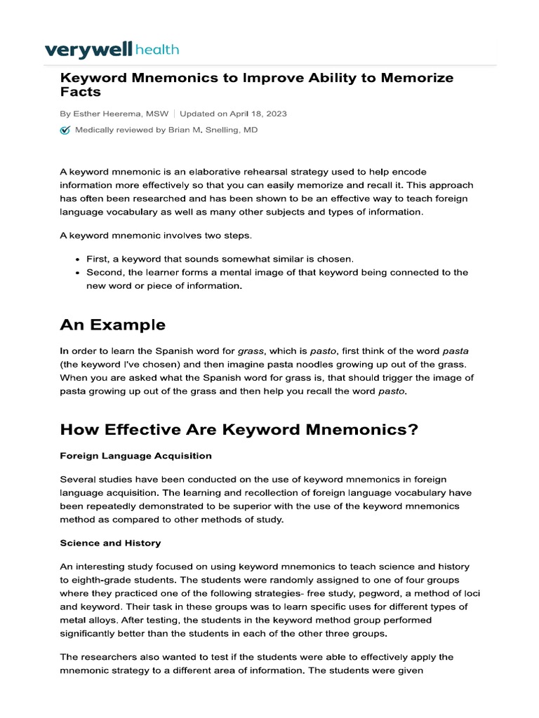 Keyword Mnemonics To Improve Ability To Memorize Facts | PDF