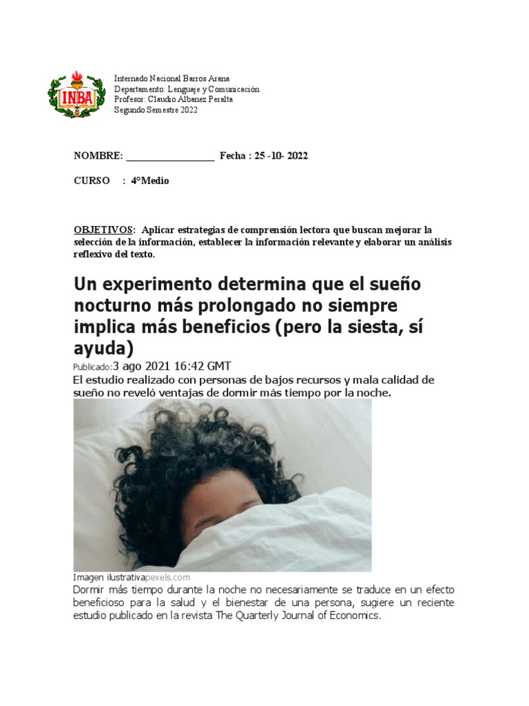 Ejercicio de Comprensión Lectora 2 Horas de Sueño | PDF | Dormir