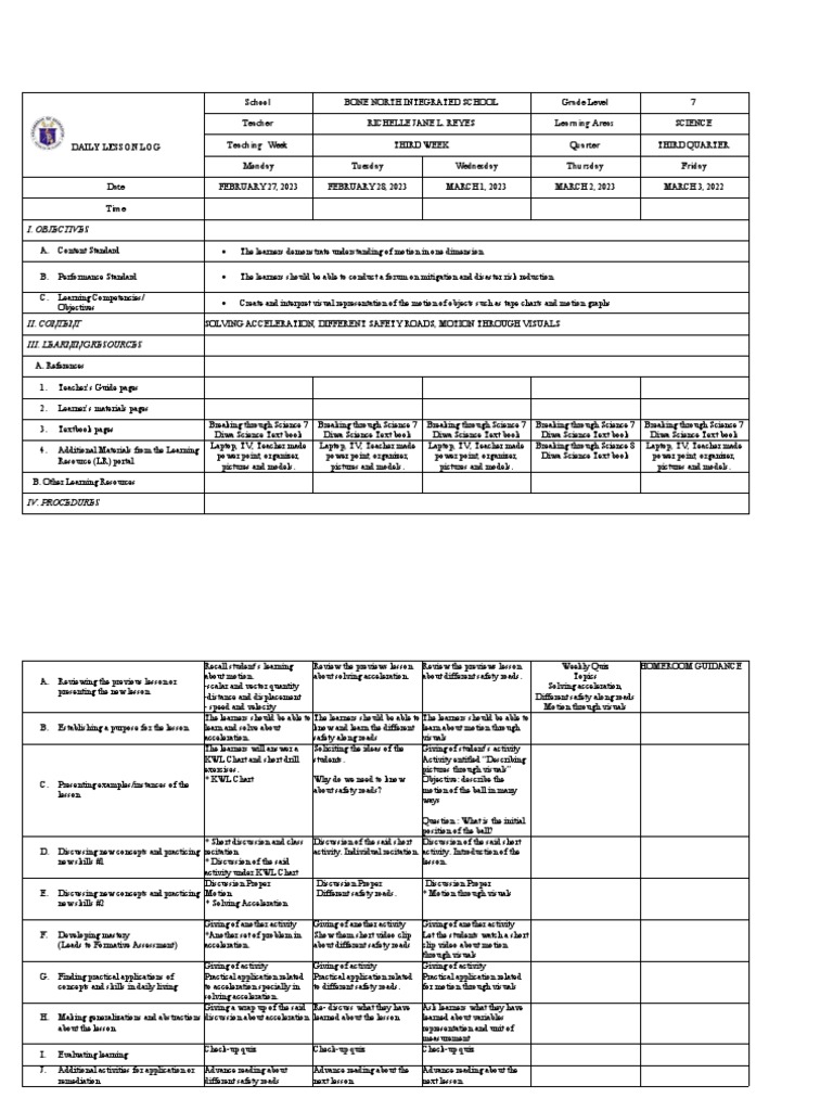 DLL Science 7 Third Week | PDF | Learning | Acceleration