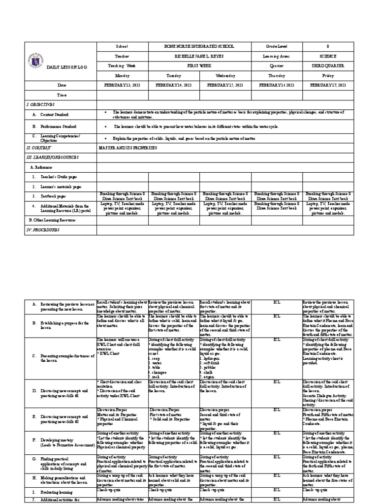 DLL Science 8 First Week | PDF