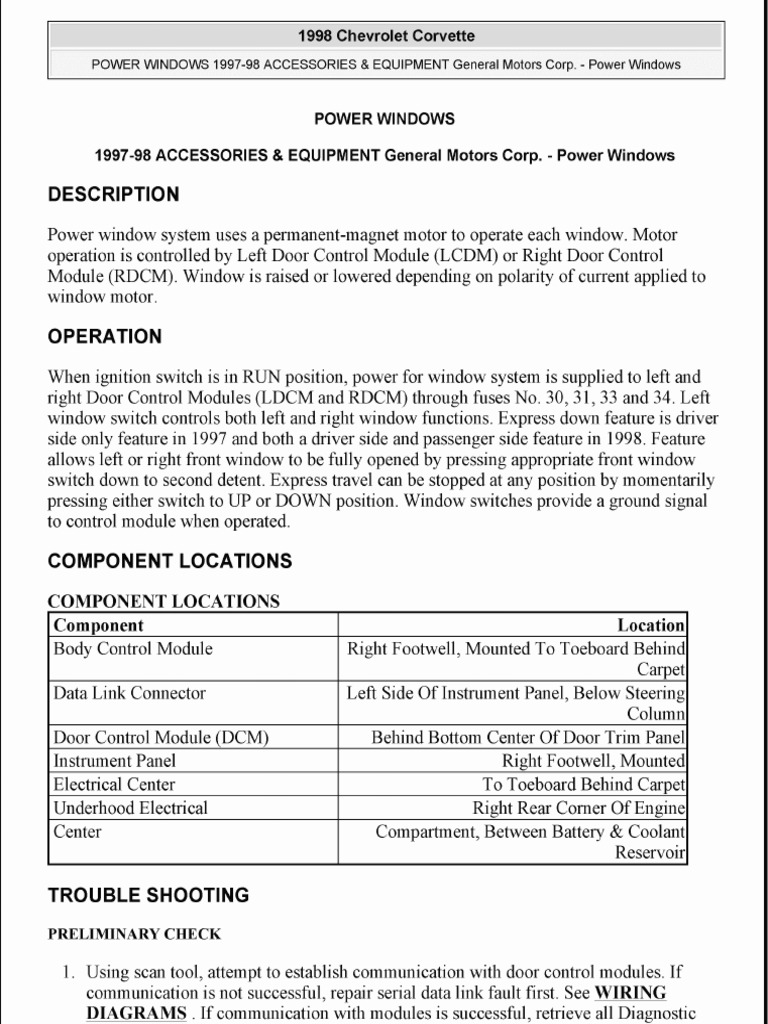 1998 Corvette Power Windows Control Module Manual | PDF