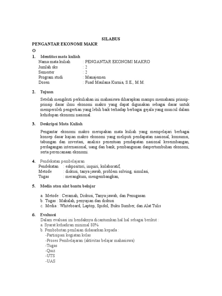 Silabus Pengantar Ekonomi Makro | PDF