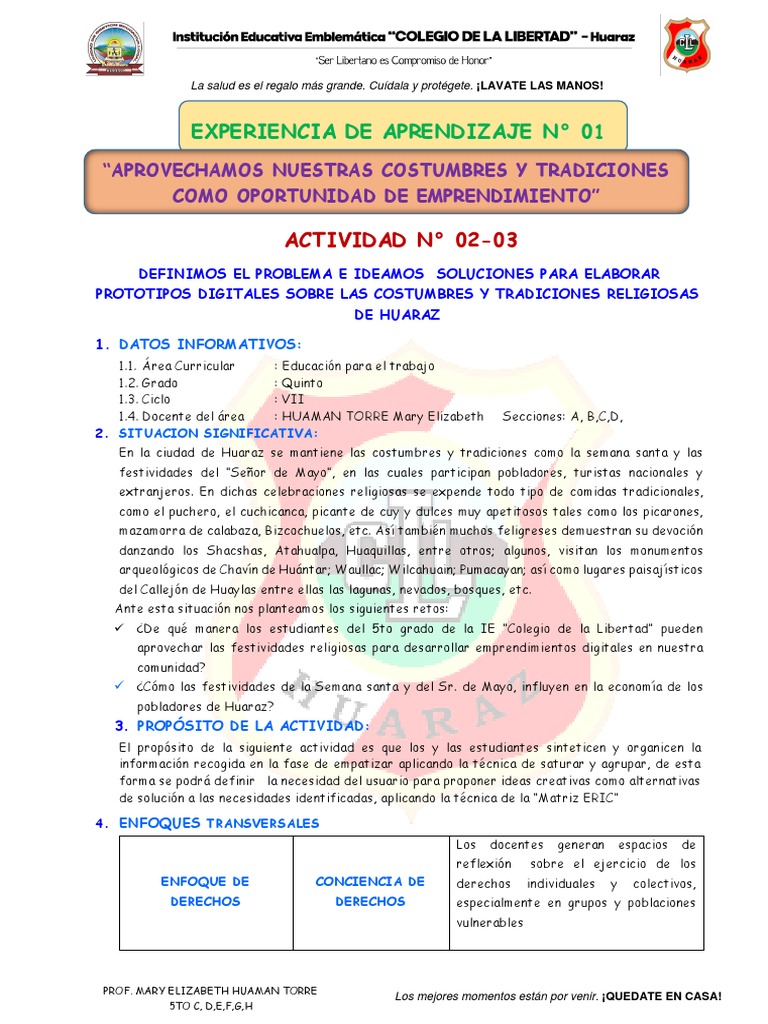 Actividad #02-03-Experiencia de Aprendizaje #01-Ept-5to Grado - 2023 | PDF