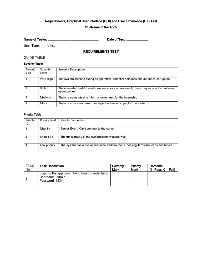 GUI and UX Testing Requirements Document | PDF