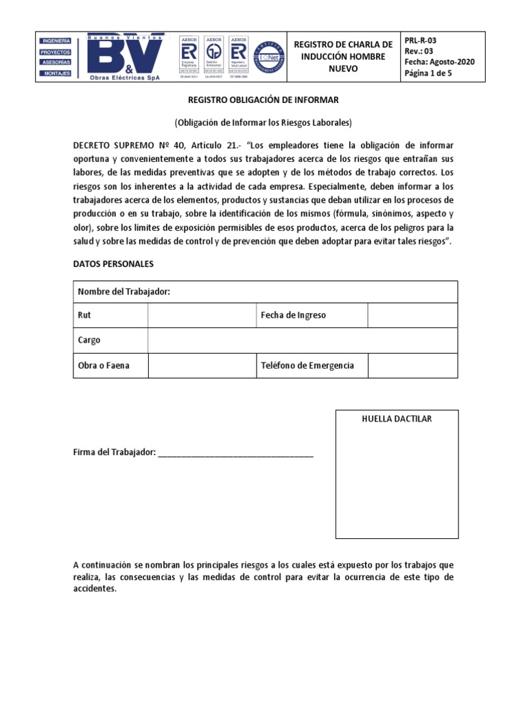 PRL-R-03 Nueva Charla de Induccion (Das-Odi) | PDF