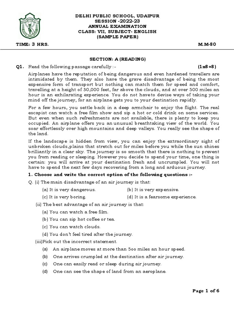 Class VII Annual Examination Sample Papers | PDF | Monsoon | Wound