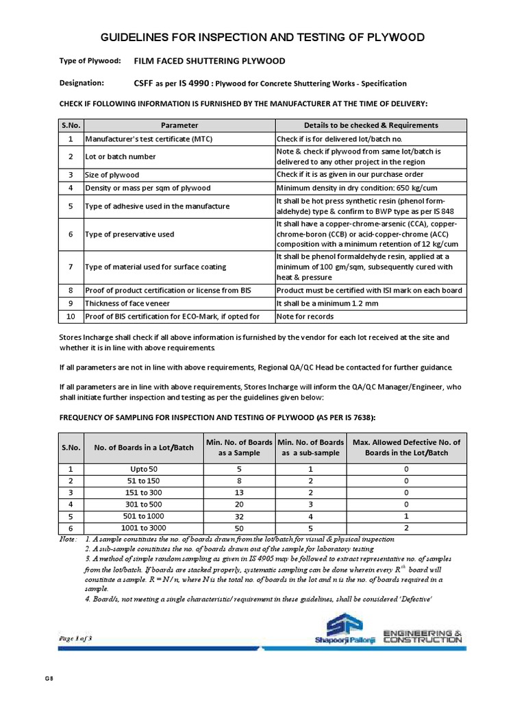Guidelines Inspection Testing Plywood | PDF | Plywood | Quality Assurance