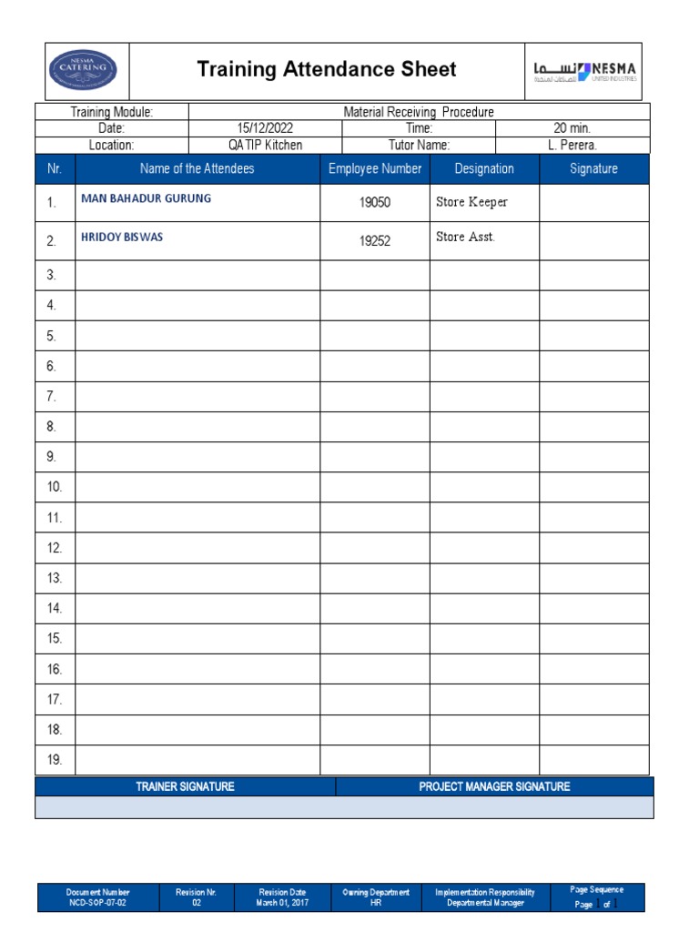 Training Attendance Sheet 15 DEC | PDF