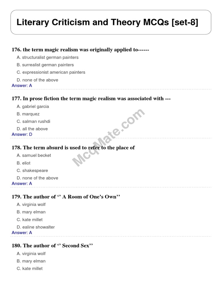 Literary Criticism and Theory Solved MCQs (Set-8) | PDF