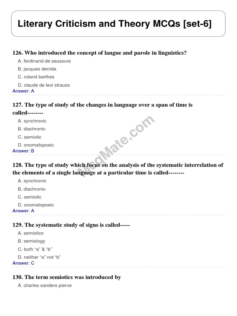 Literary Criticism Theory MCQs Set 6 | PDF | Semiotics | Philosophical ...