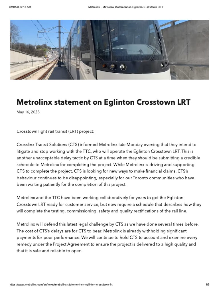 Metrolinx - Metrolinx Statement On Eglinton Crosstown LRT | PDF