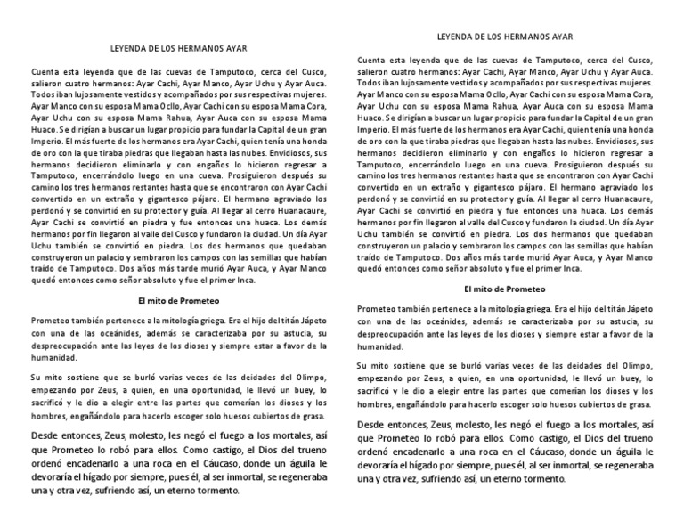 Leyenda de Los Hermanos Ayar | PDF | Prometeo | Mitología